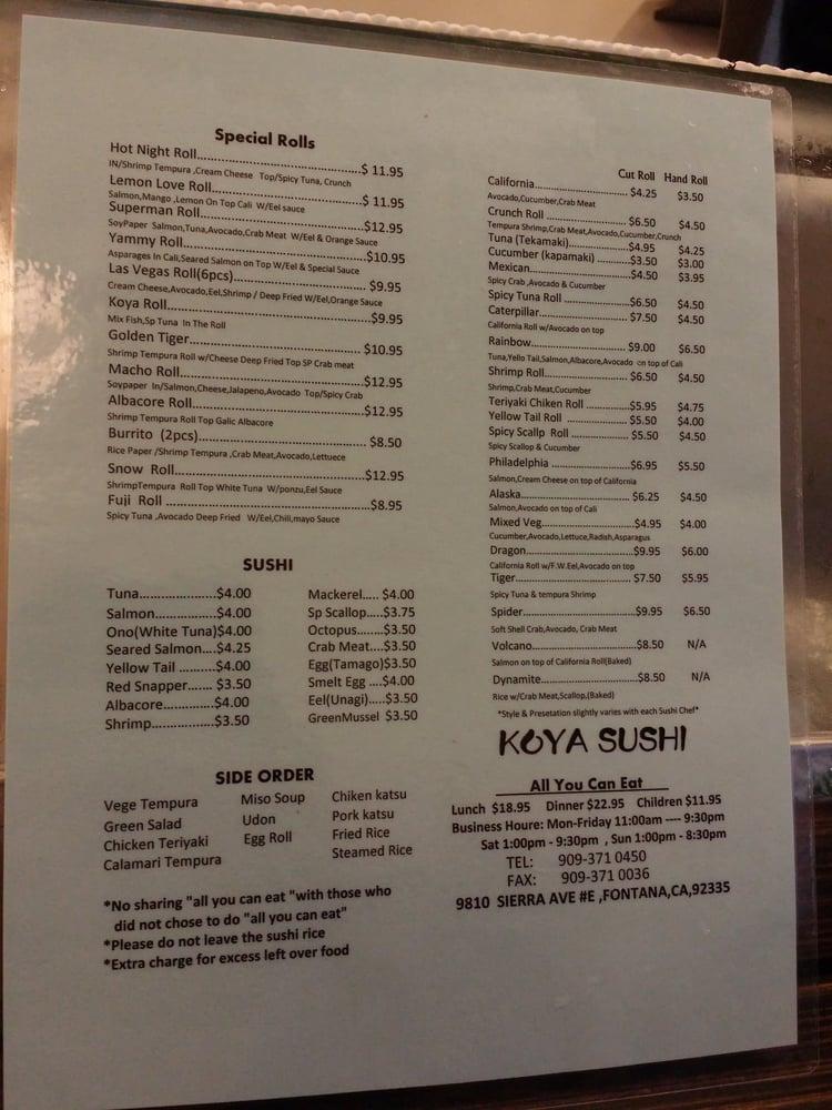 Menu at Koya Sushi restaurant, Fontana