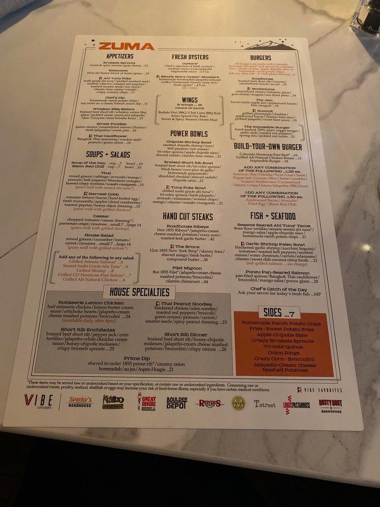 Menu at Montezuma Roadhouse steakhouse, Keystone