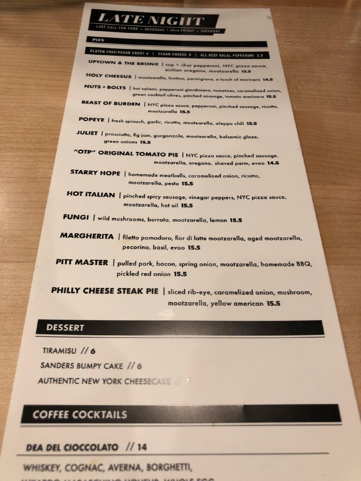 Menu at Mootz Pizzeria + Bar, Detroit