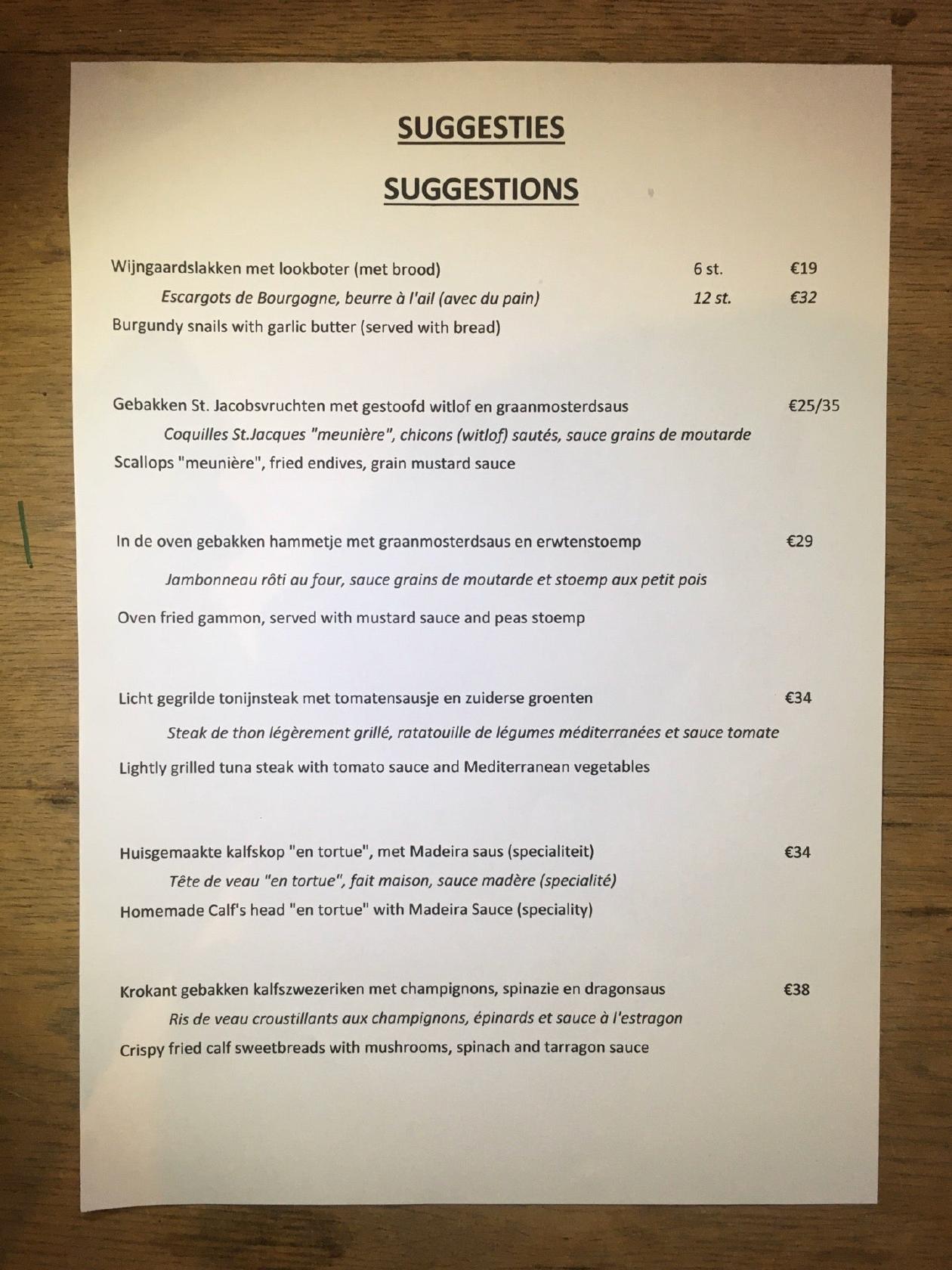 Menu at Restaurant Vincent, Kortrijk