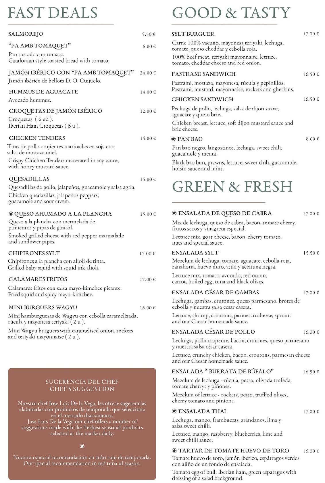 Menu at SYLT Marbella pub & bar, Marbella