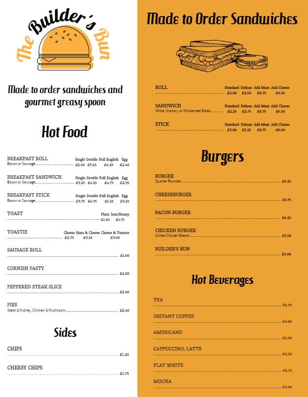 Menu at The Builder's Bun restaurant, Orpington