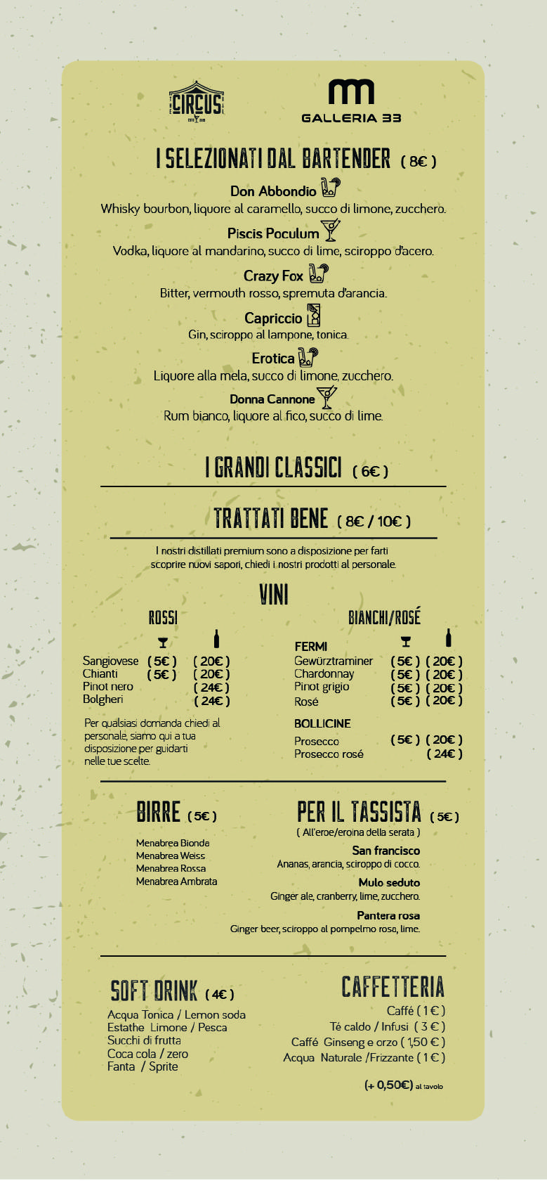 Carta de The Circus Bar, Prato