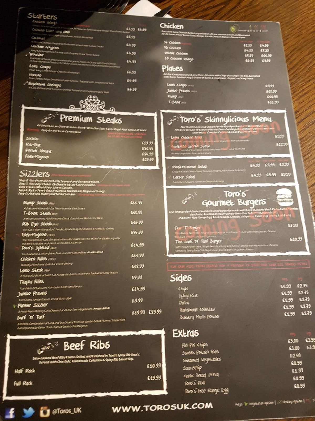 Menu at Toro's Steakhouse Manchester, Manchester, 13-15 Wilmslow Rd
