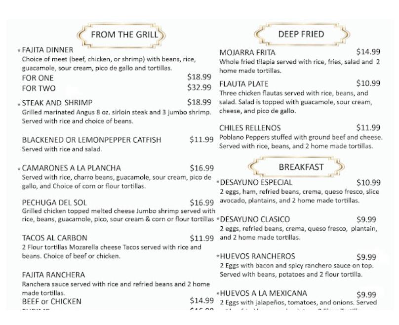 Menu at EL SOL RESTAURANT, Katy