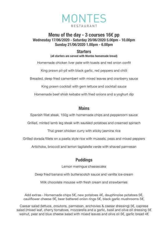 Carta del restaurante Montes, Manilva