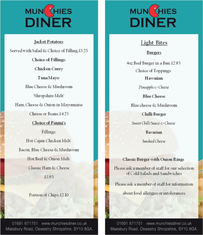 Menu at Munchies Diner cafe, Oswestry, Unit 3