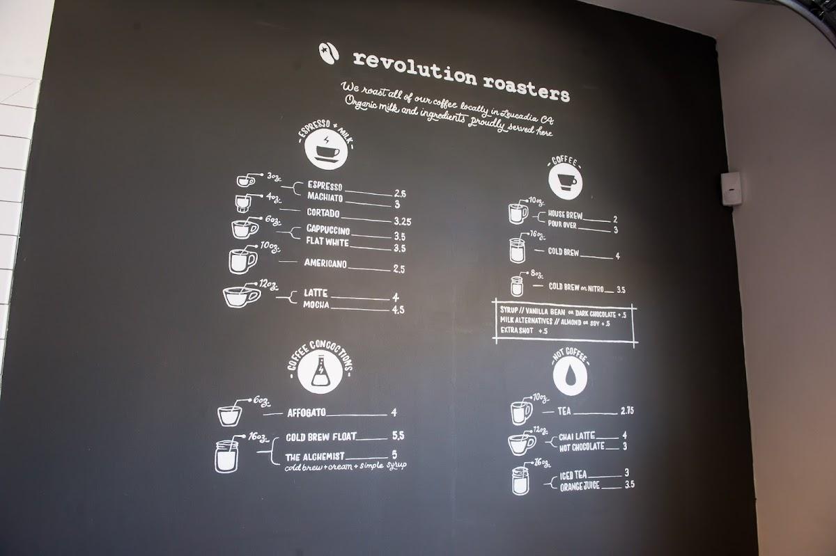 Menu at Revolution Roasters cafe, Oceanside