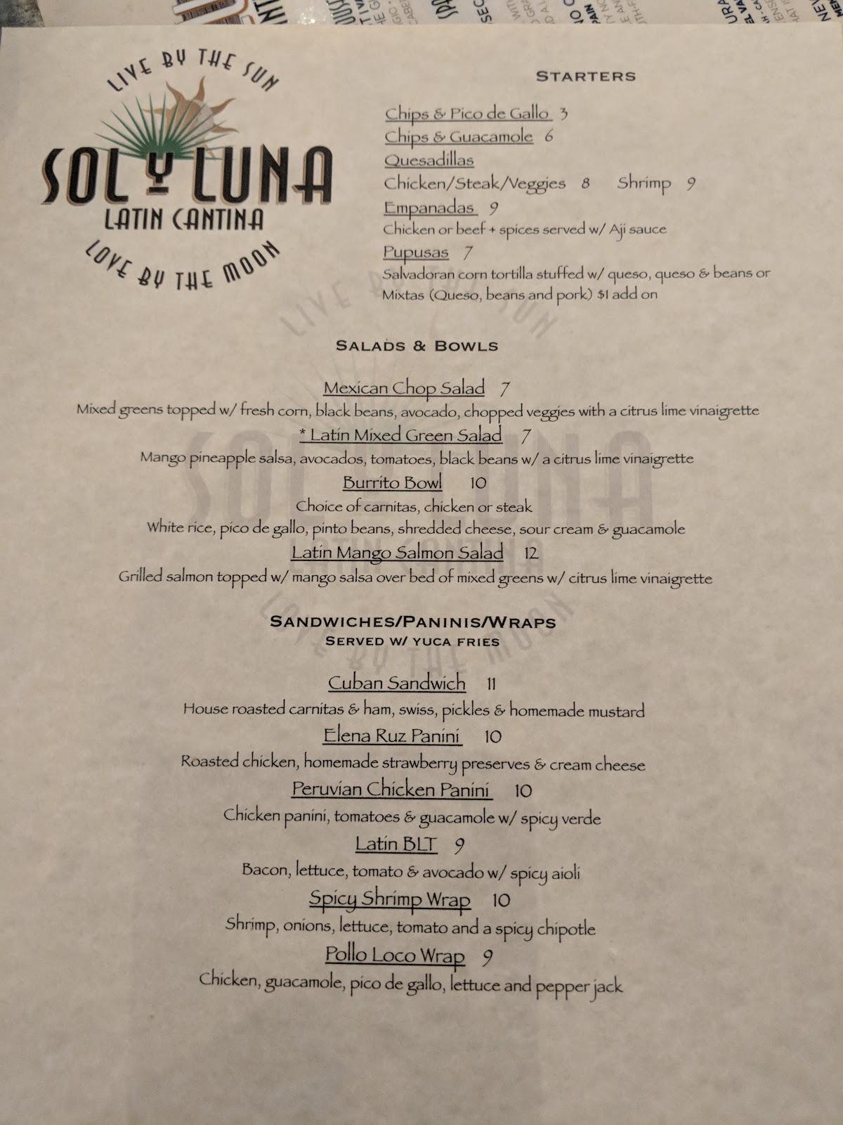 Menu at Sol y Luna pub & bar, Myrtle Beach