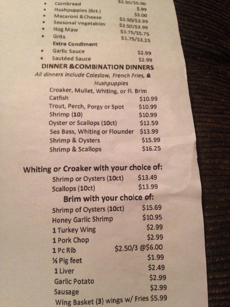 Menu at Williams Seafood restaurant, Walterboro