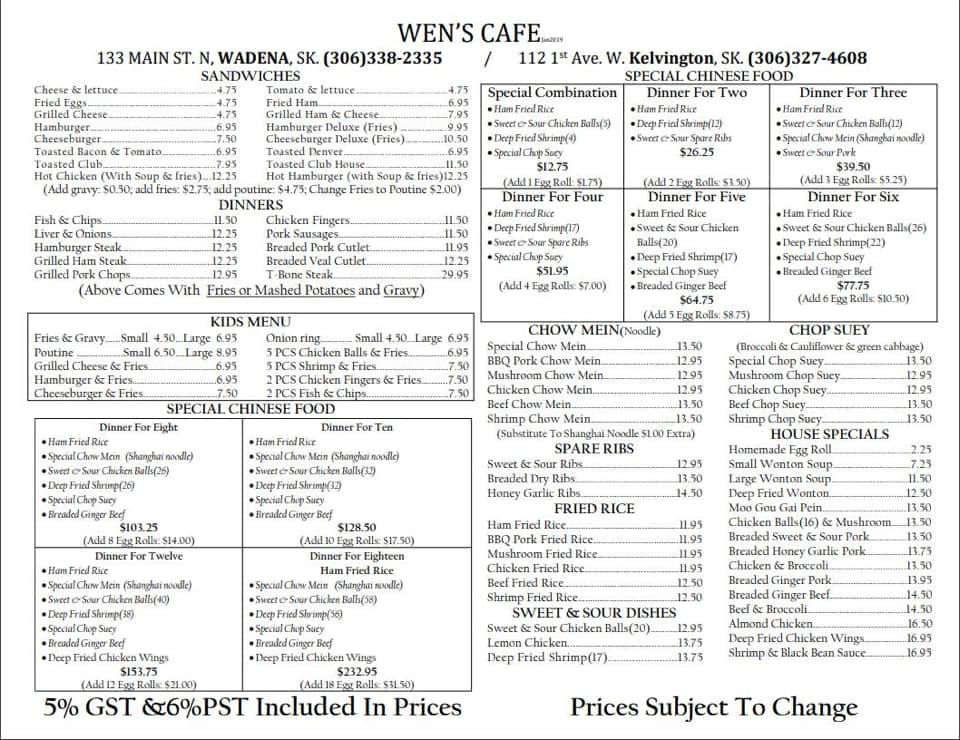 Menu at Wen's Cafe, Wadena
