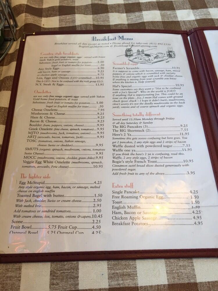 Menu at Bogie's Too - Home of Marin's Best Eggs Benedict, & Buttermilk ...