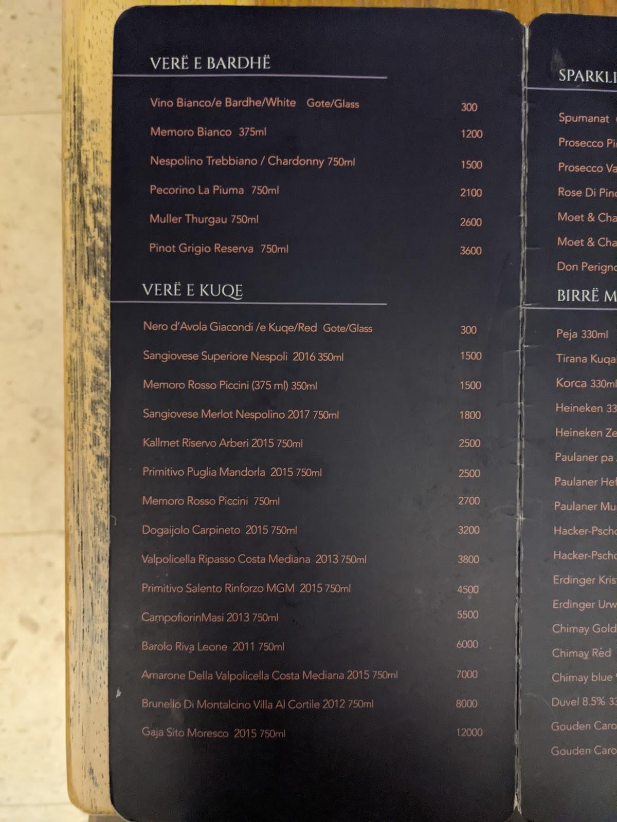 Menu at Cafe Botanica, Tirana