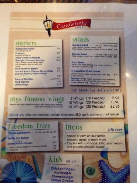 Menu at Candlelight South Restaurant, St. Augustine