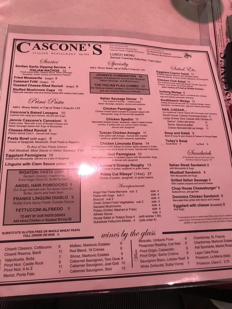 Menu at Cascone's restaurant, Kansas City, N Oak Trafficway