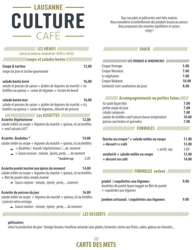 Menu at Culture Cafe, Lausanne