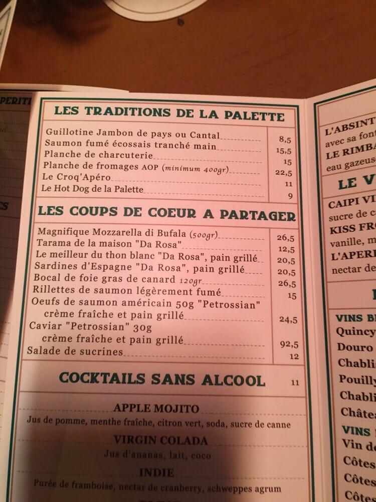 Menu at La Palette restaurant, Paris, 43 Rue de Seine