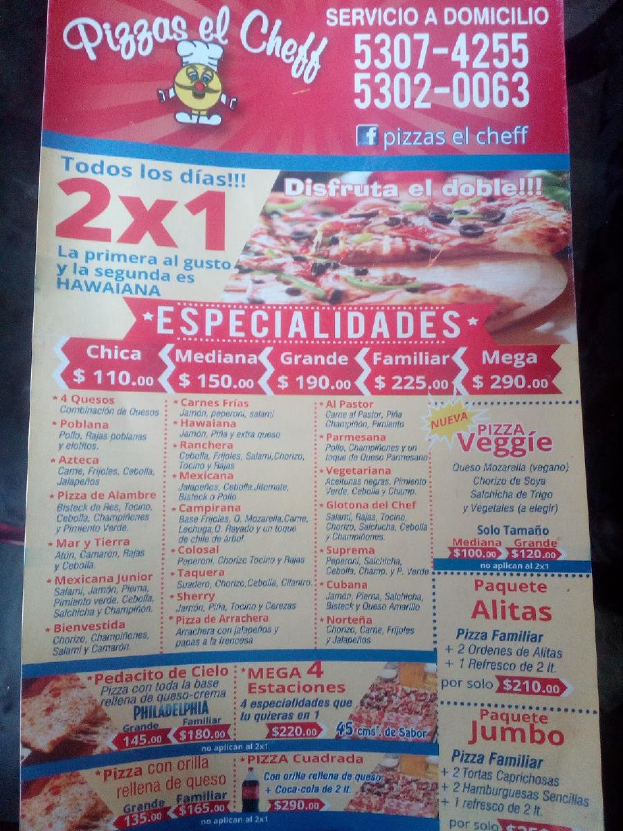 Carta del restaurante Pizzas el cheff, Naucalpan del Juárez