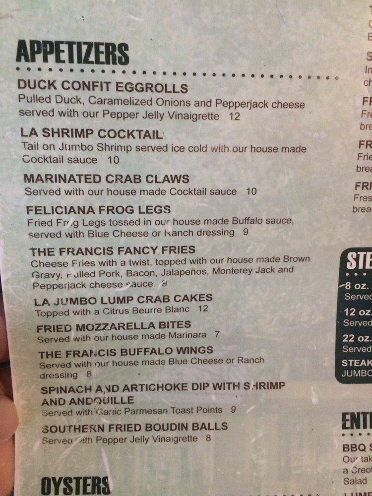 Menu at The Francis Southern Table & Bar, Saint Francisville, US-61