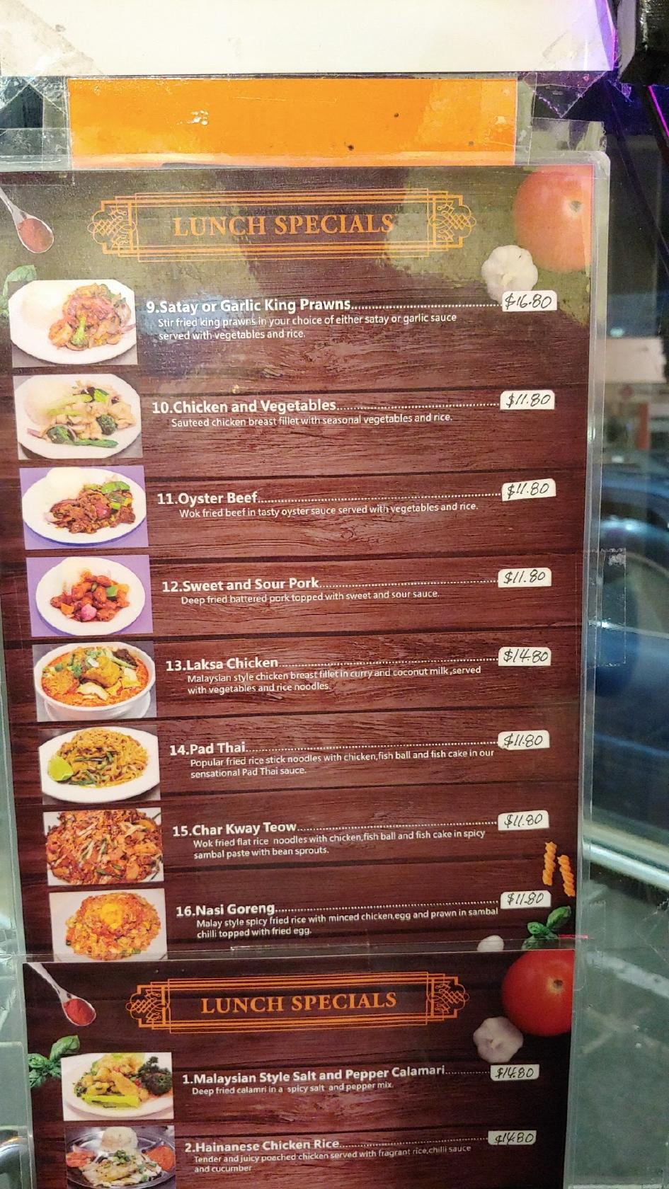 Menu at Malaysia House restaurant, Mackay