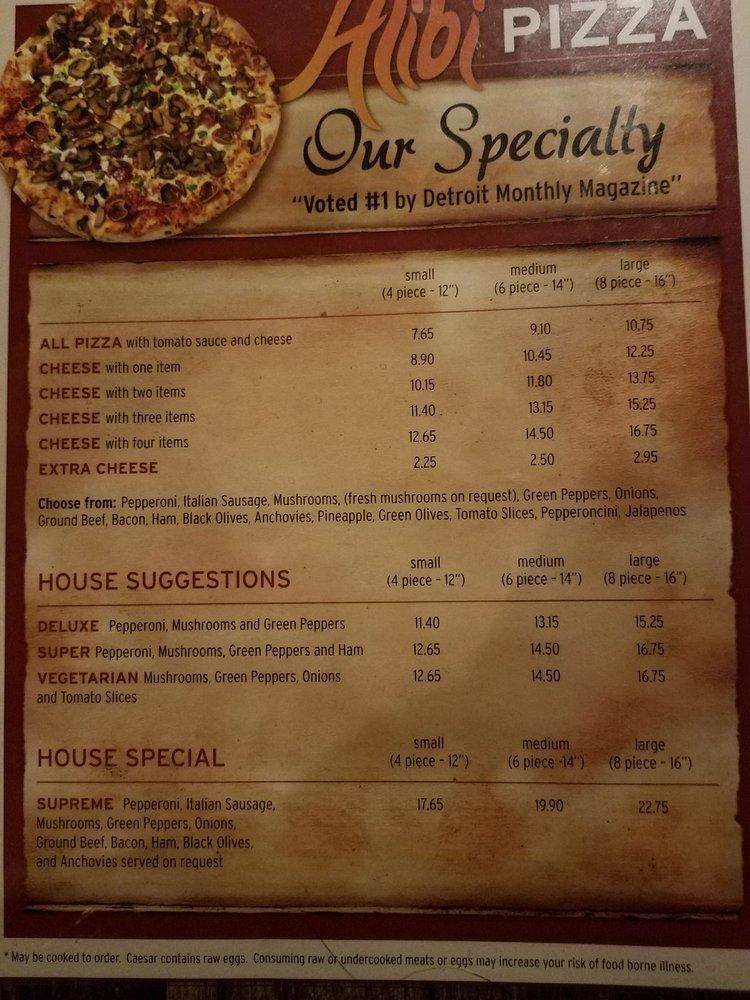 Menu at Alibi of Troy pizzeria, Troy