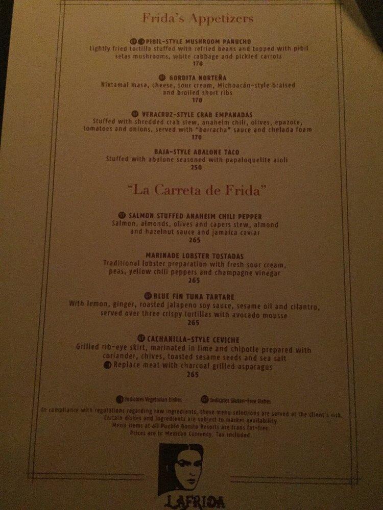 Menu at LaFrida Restaurant, Cabo San Lucas