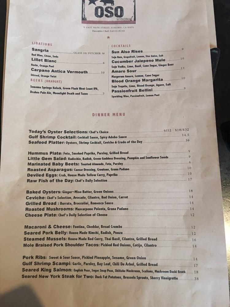 Menu at Oso Sonoma pub & bar, Sonoma