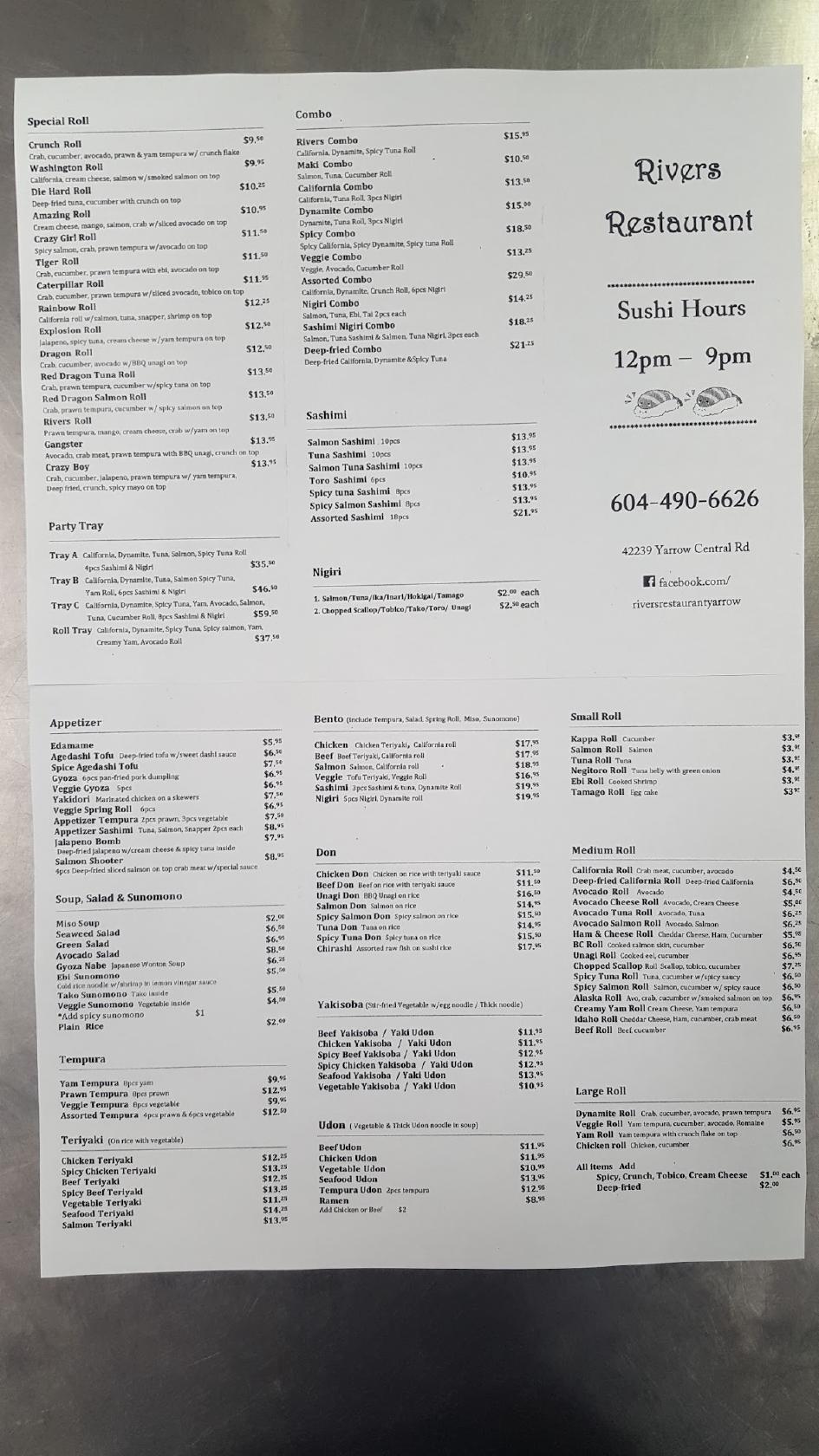 Menu at Rivers Restaurant, Chilliwack