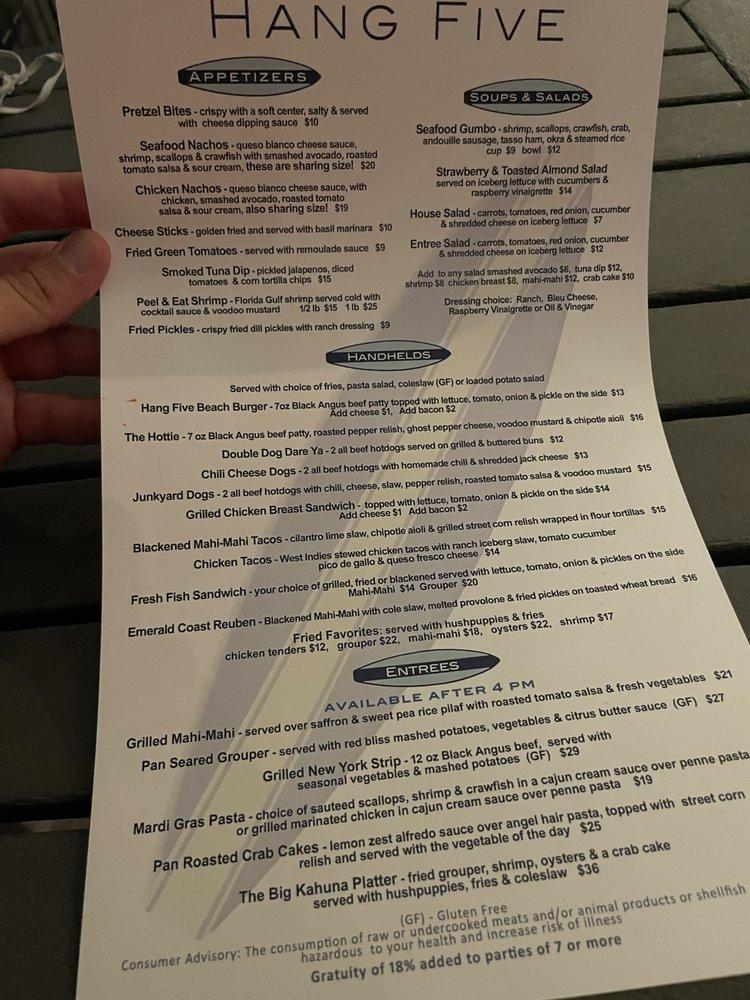 Menu at Hang Five Beach Bar, Panama City Beach, Front Beach Rd