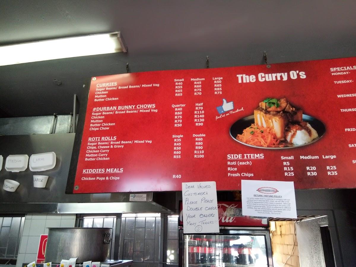 Menu at The Curry O's restaurant, Pinetown