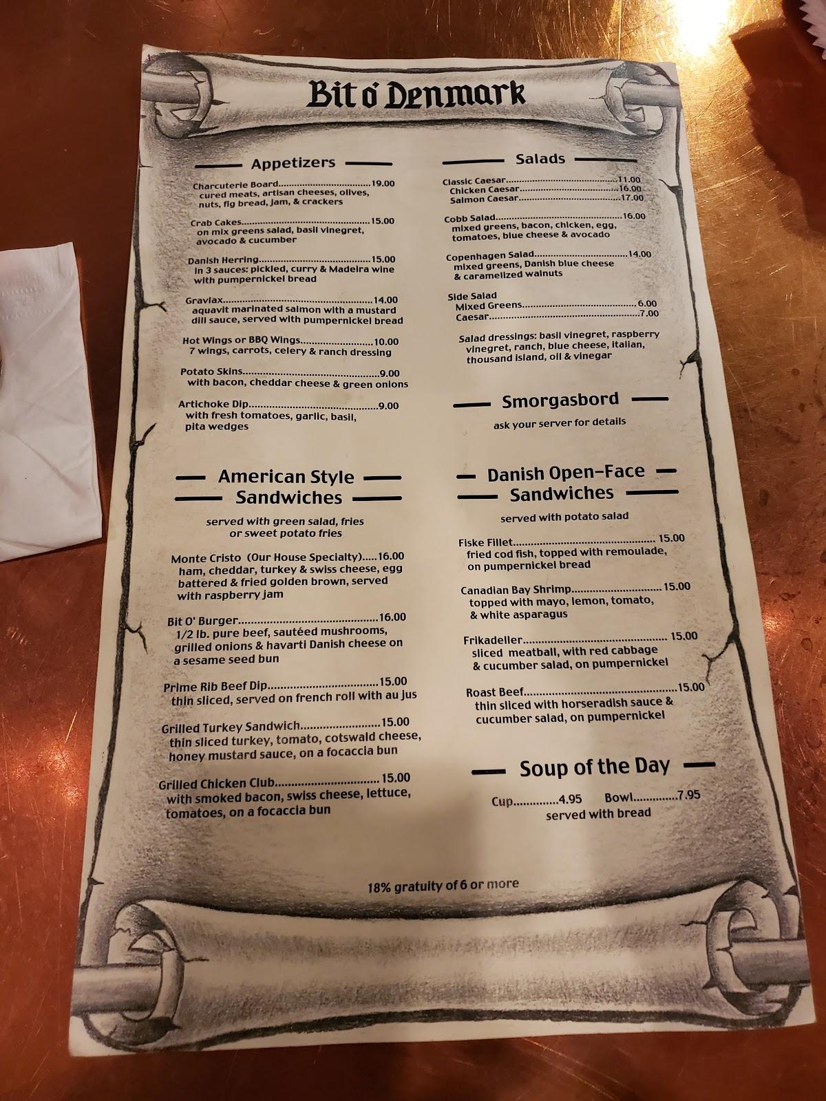 Menu at Bit O'Denmark Restaurant, Solvang