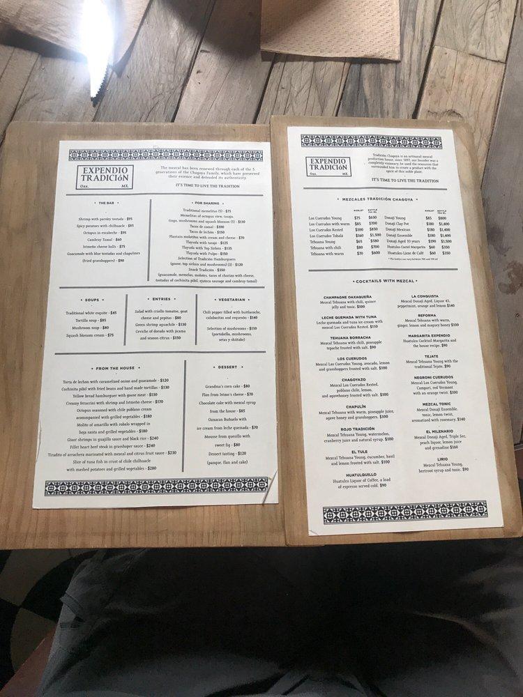 Menu at Expendio Tradición restaurant, Oaxaca