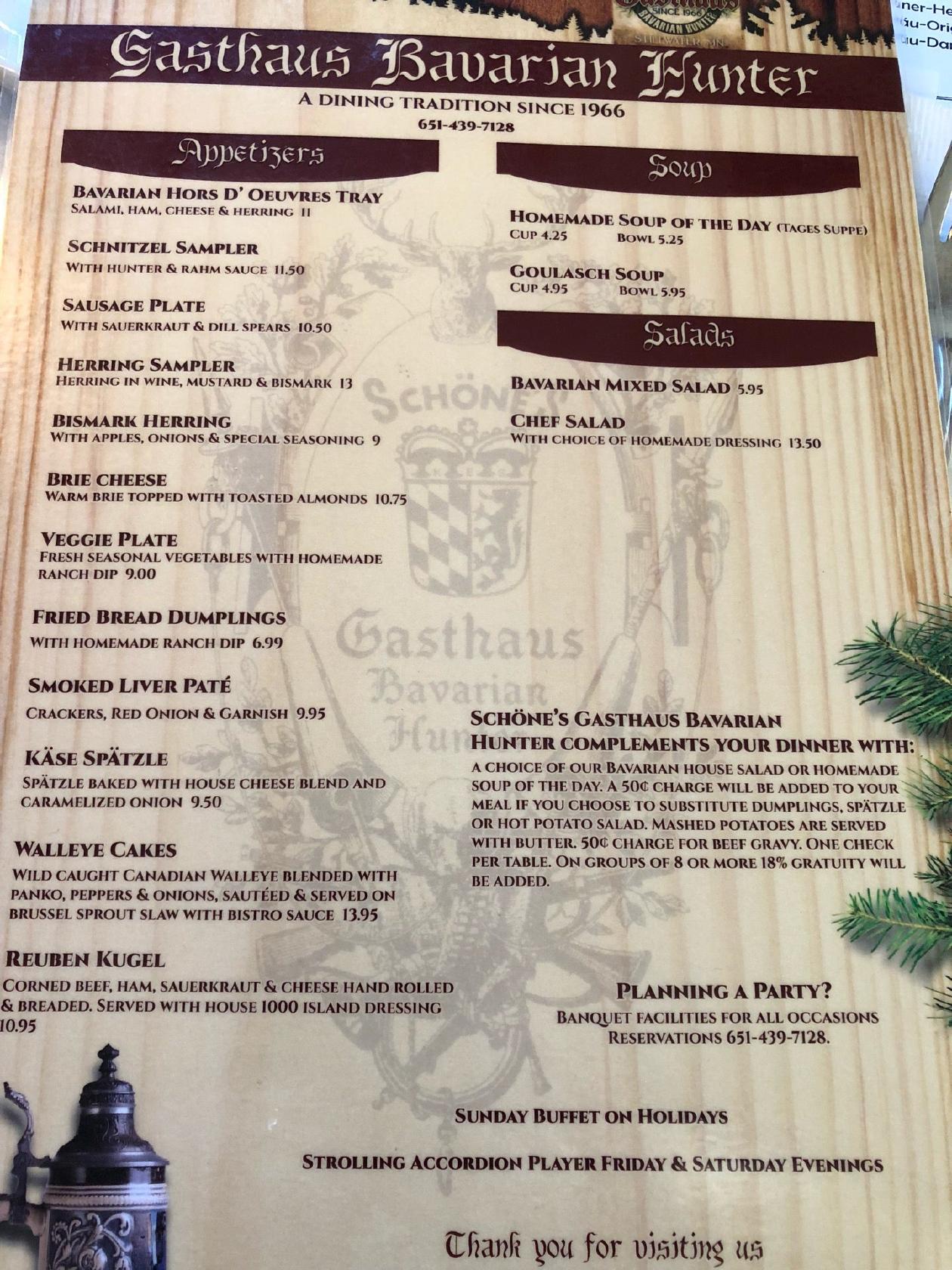 Menu at Gasthaus Bavarian Hunter restaurant, Stillwater