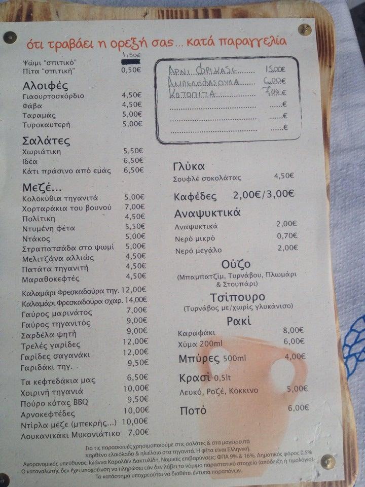 Menu at Joanna's Nikos Place Taverna, Mikonos