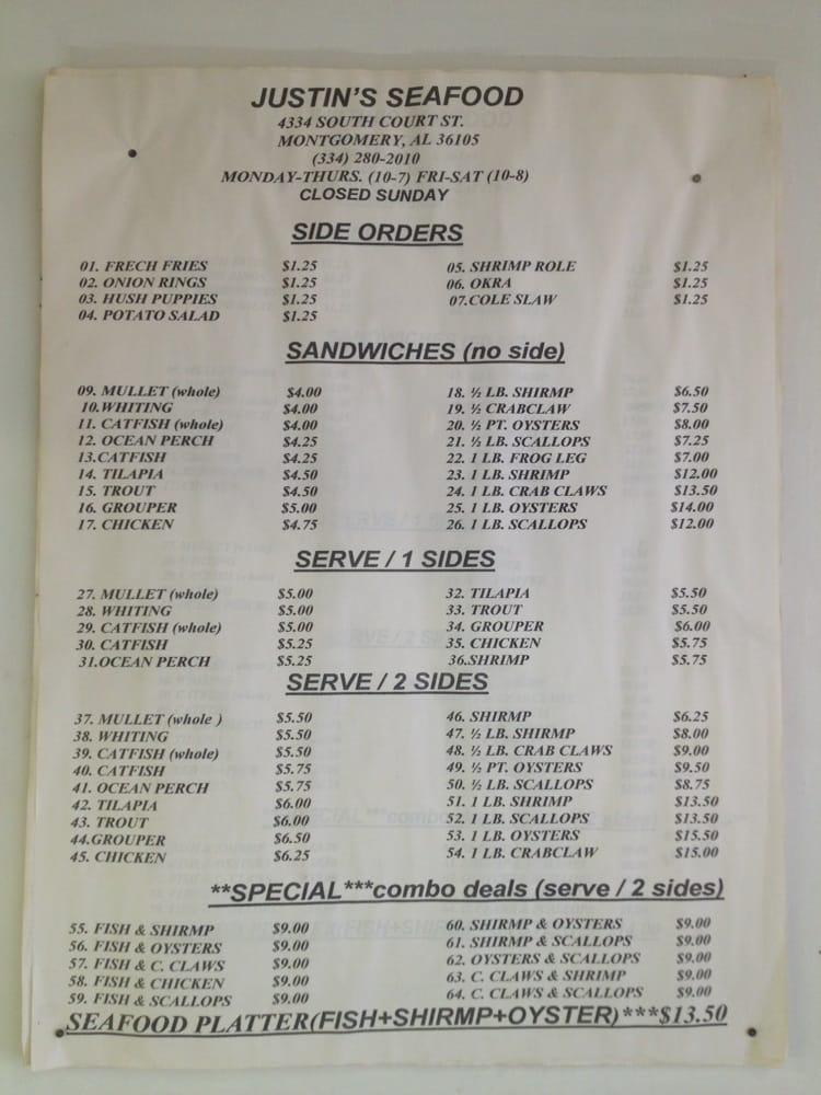 Menu at Justin's Seafood restaurant, Montgomery