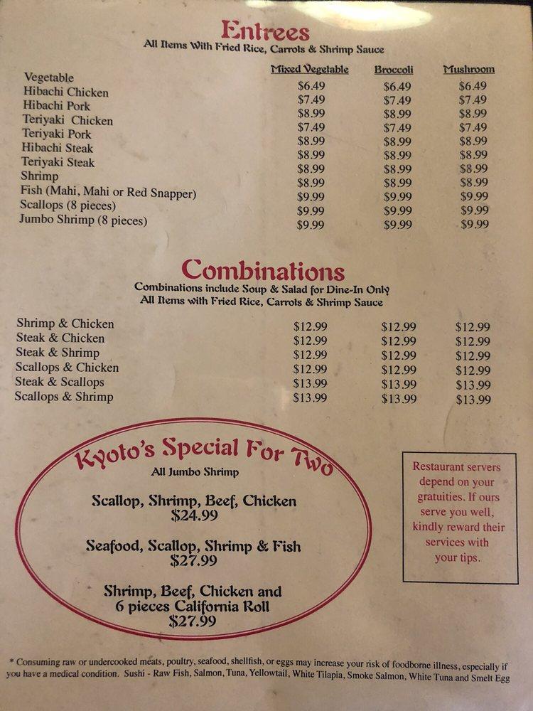 Menu at Kyoto restaurant, Mount Airy