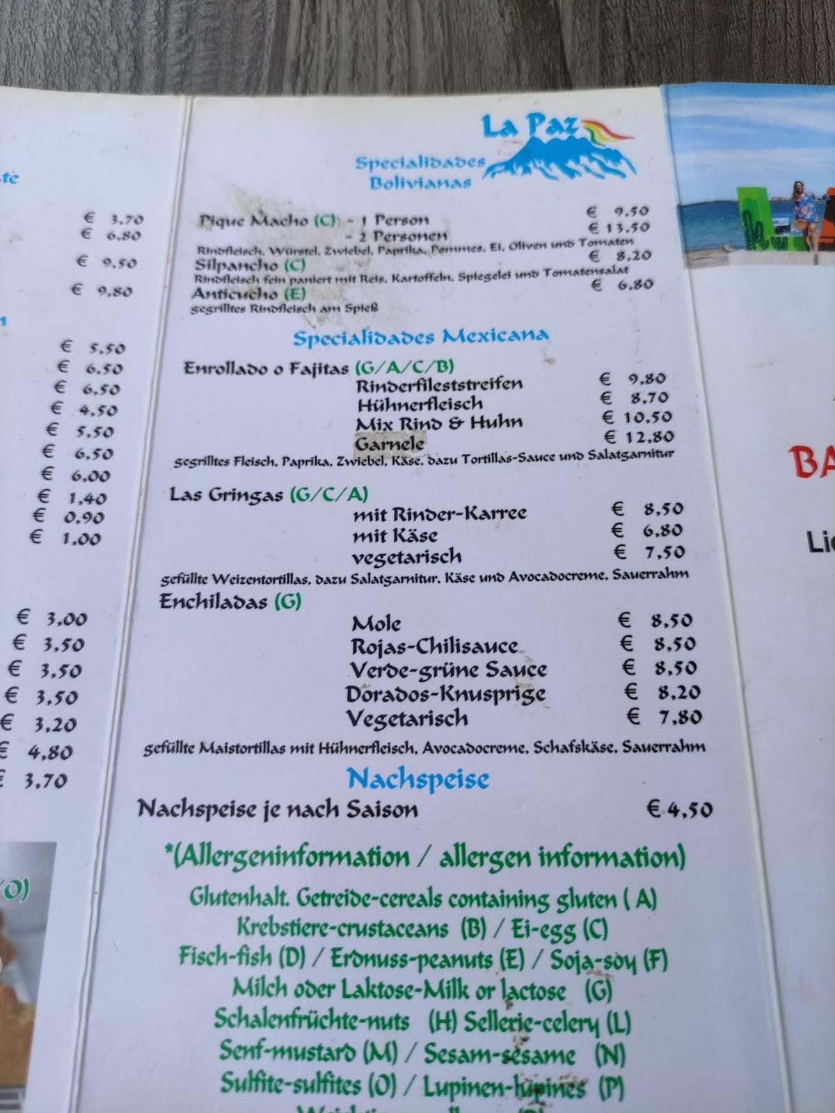 Menu at La Paz restaurant, Vienna