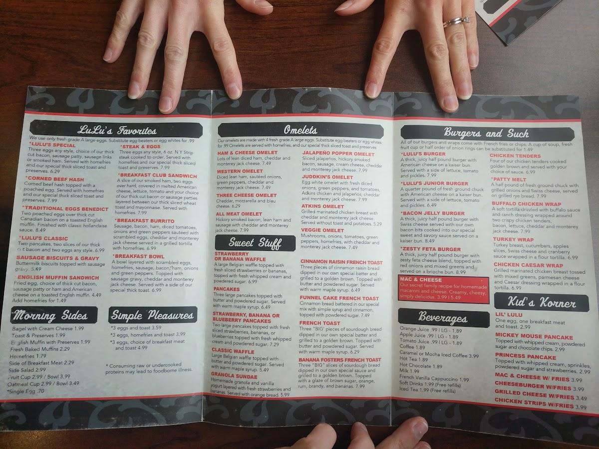 Menu at Lulu's Diner restaurant, Bluffton
