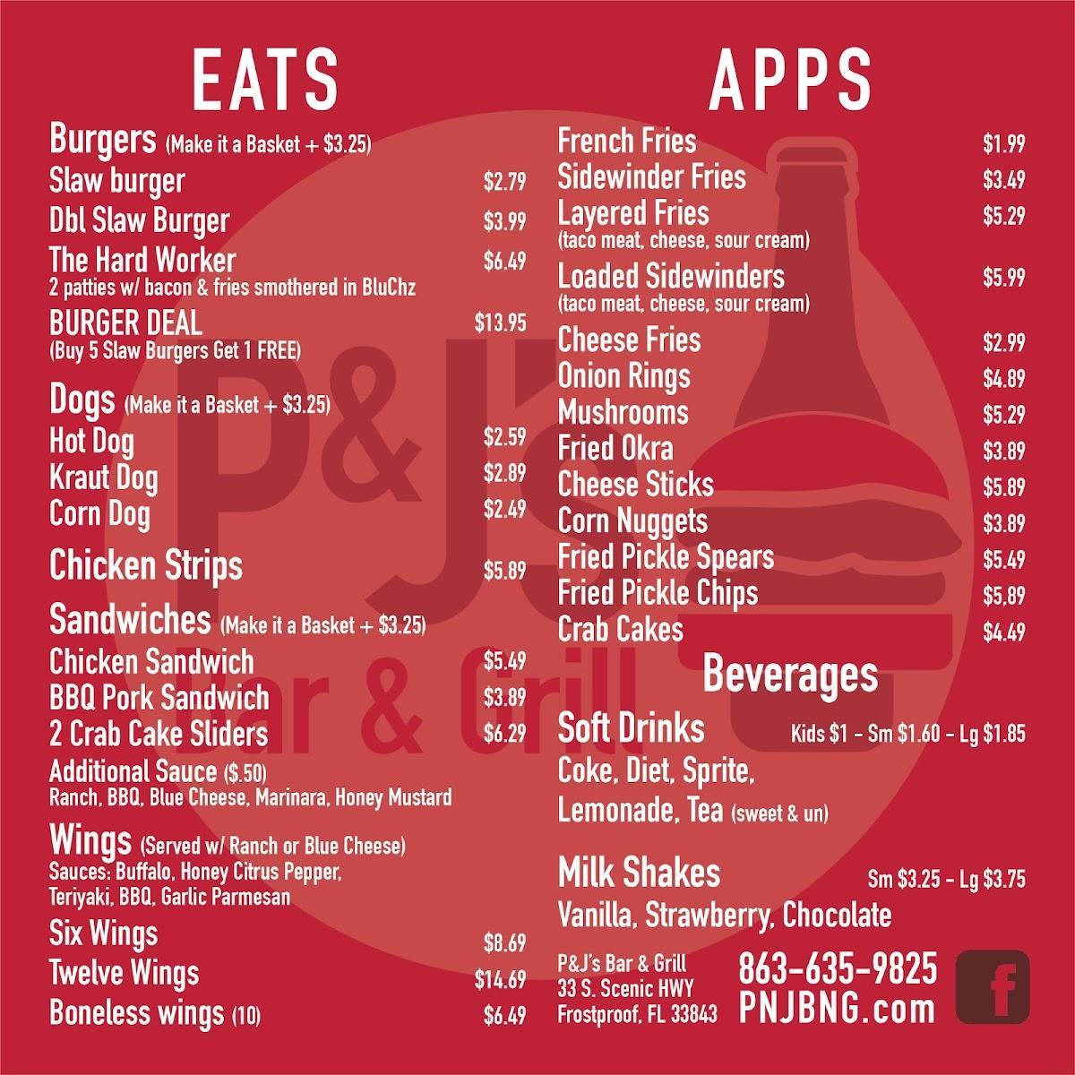 Menu at P&J Recreation pub & bar, Frostproof