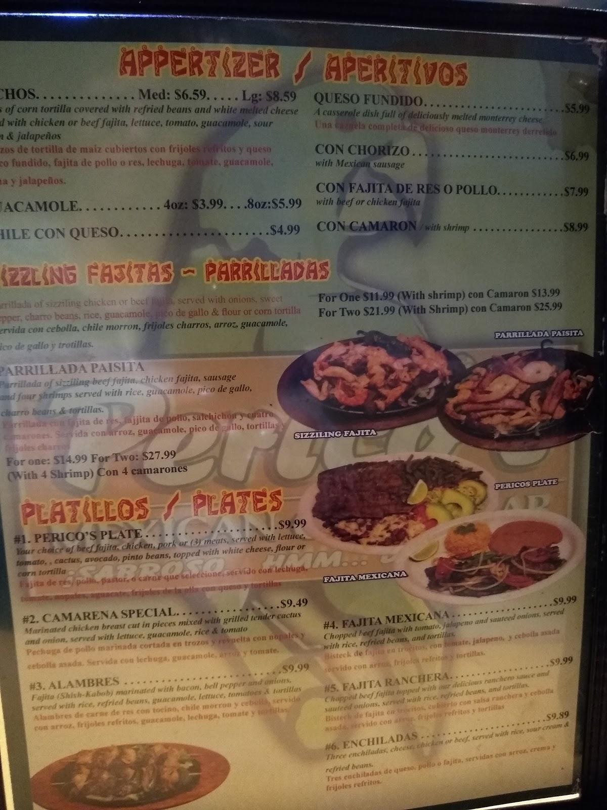 Menu at Pericos Mexican Cafe, Houston