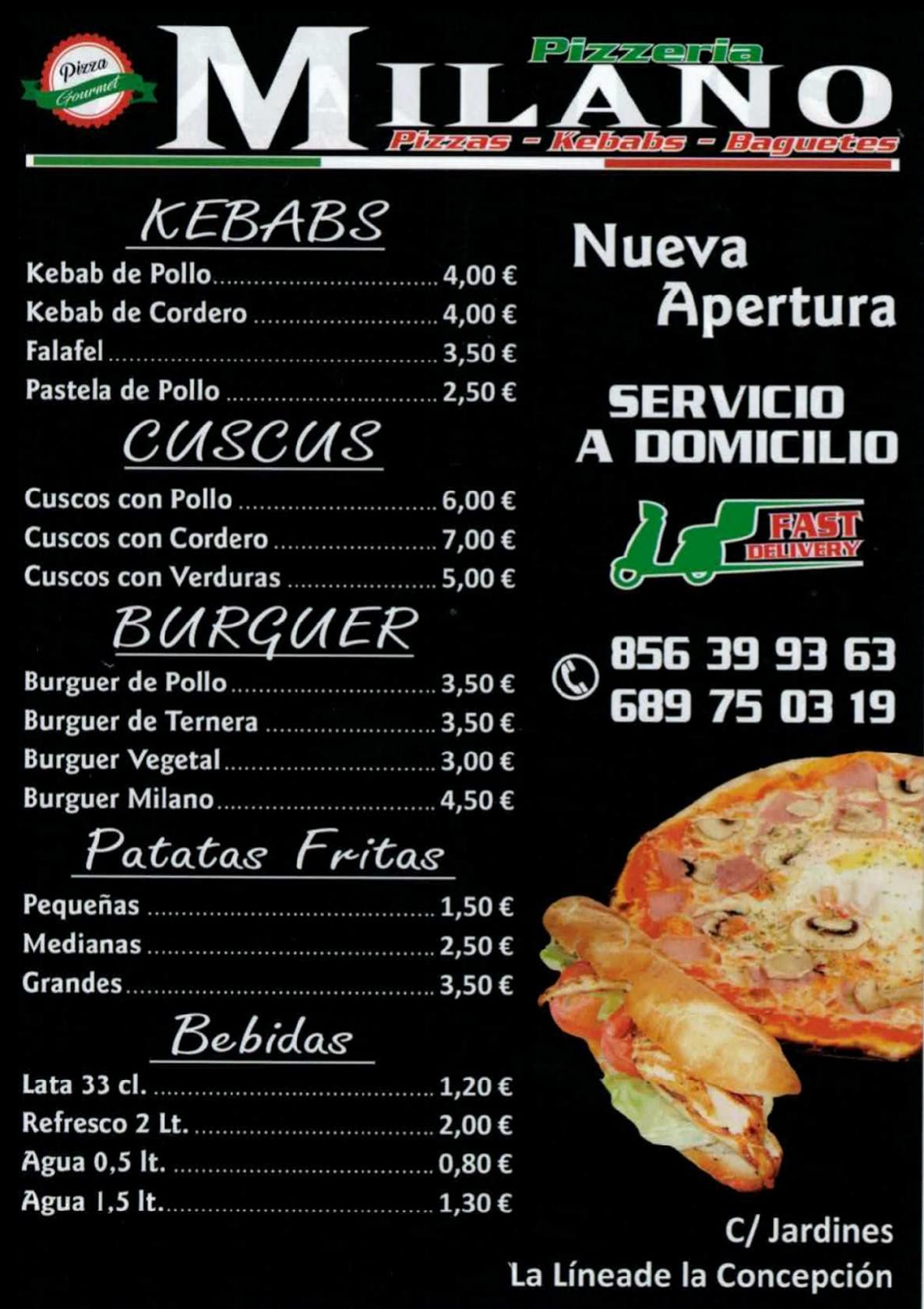Menu at Pizzeria Milano, La Línea de la Concepción