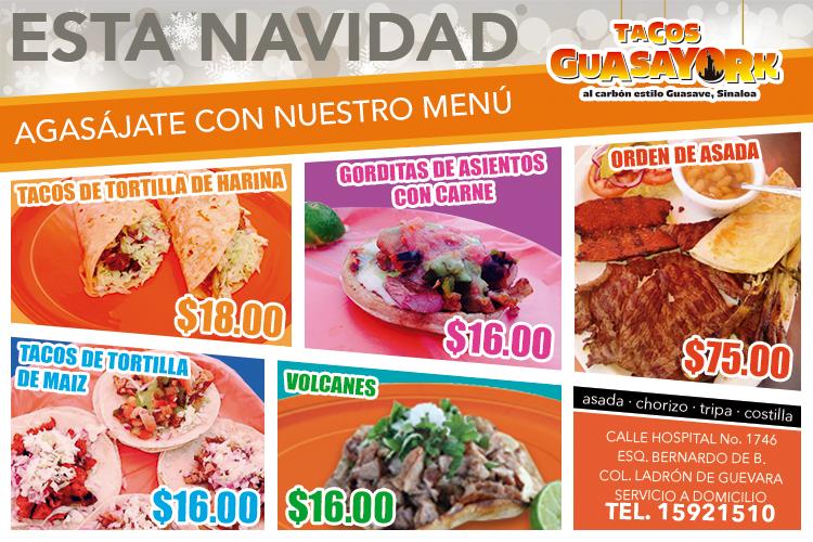 Menu at Tacos Guasayork restaurant, Guadalajara