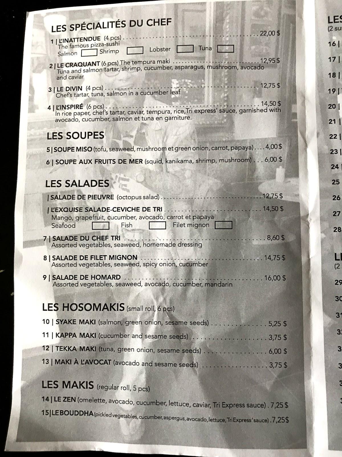 Menu at Tri Express restaurant, Montreal