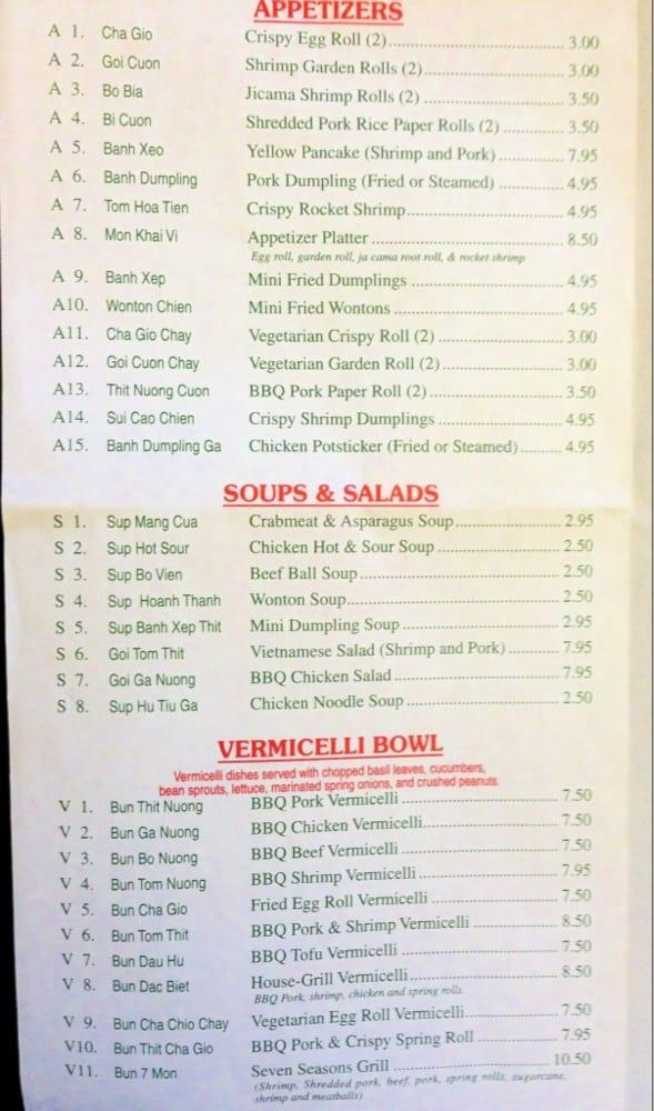 Menu at Vietnam One restaurant, Richmond