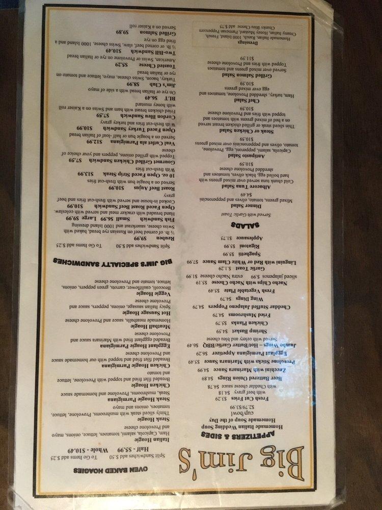 Menu at Big Jim's in the Run restaurant, Pittsburgh