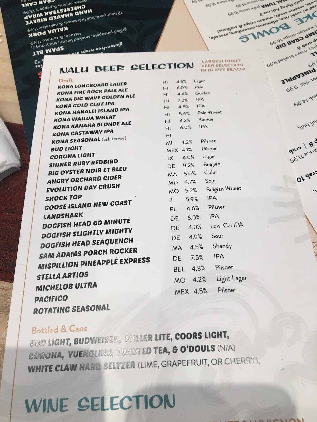 Menu at Nalu restaurant, Rehoboth Beach