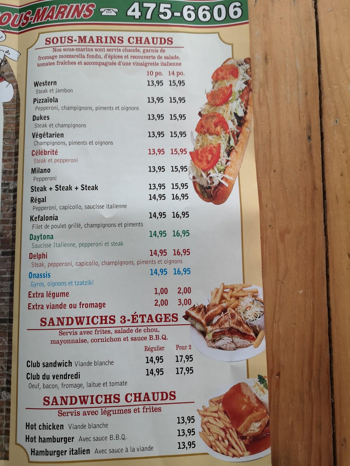 Menu au Pizza Delphi Sous-Marins pizzeria, Mirabel