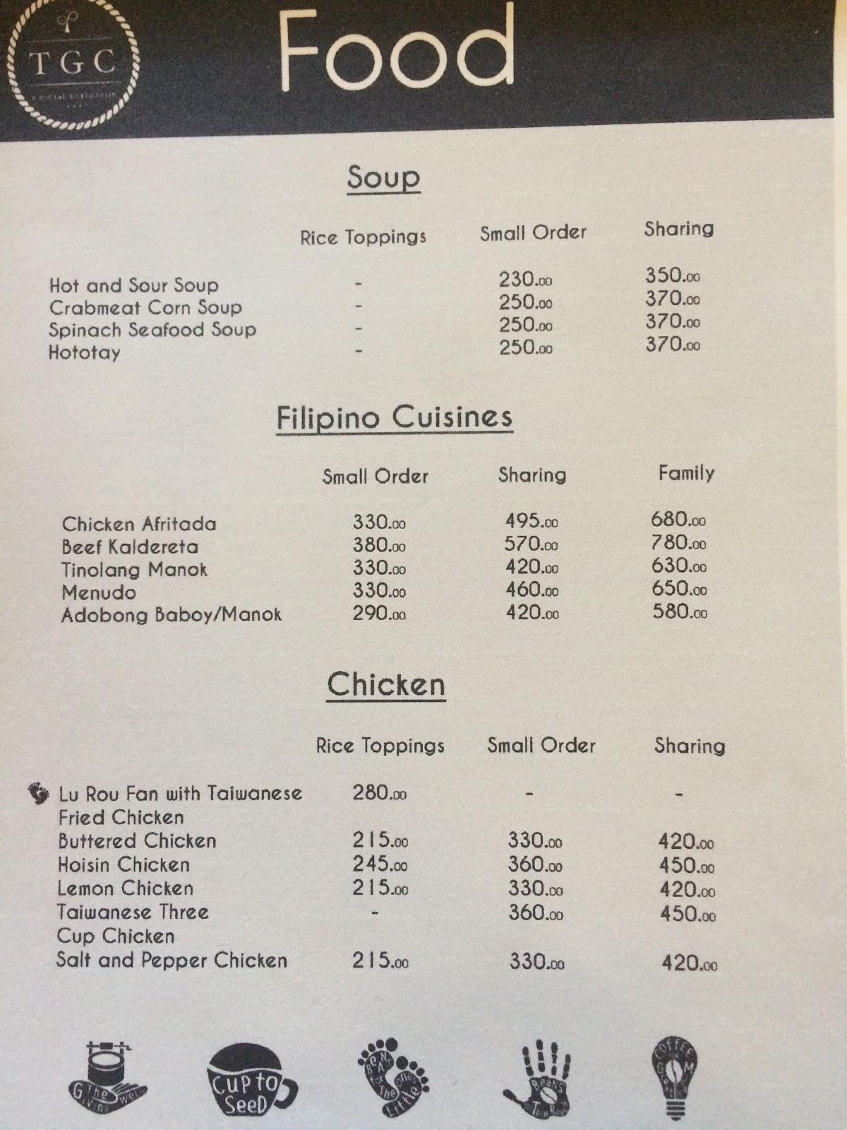 Menu at TheGiving Café (TGC) cafe, Mandaluyong