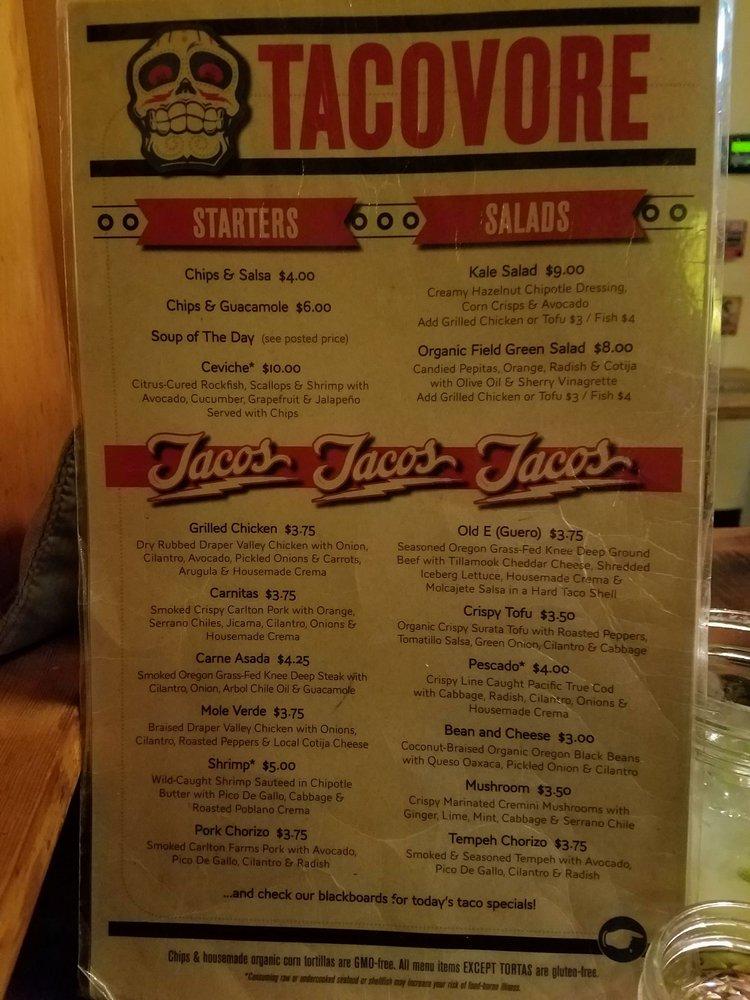 Menu at Tacovore pub & bar, Eugene