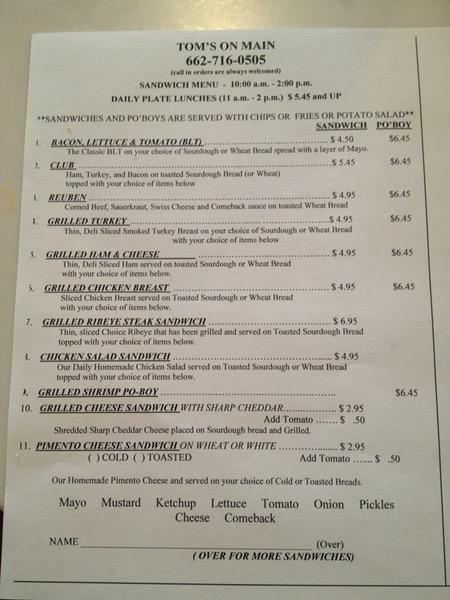Menu at Tom's On Main restaurant, Yazoo City